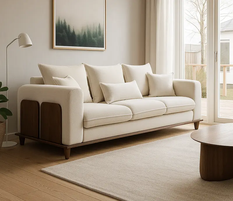 Tevora – Modern Fabric Sofa Set With Solid Teak Wood Frame, Beige ...